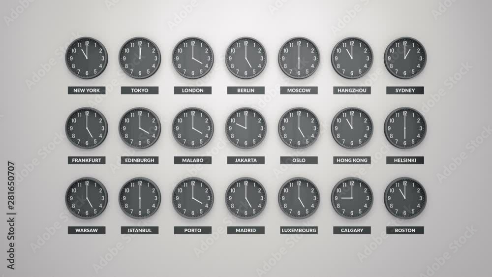 Round Clocks Show Different Time Zones On White Wall. Loopable Clock ...