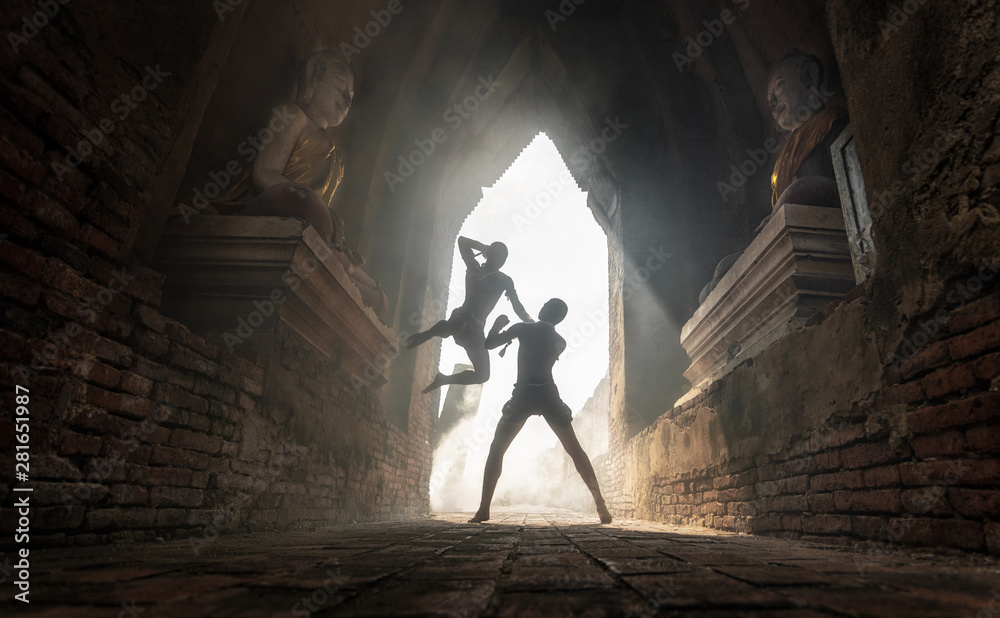 Two mans with Muay Thai Chaiya, art fight boxing and combat rope tied ...