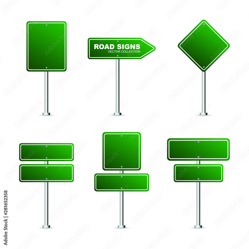 Road green traffic signs set. Blank board with place for text. Mockup ...