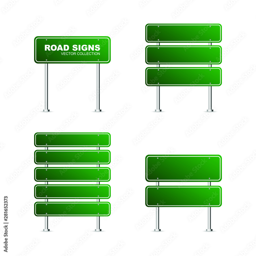 Road green traffic signs set. Blank board with place for text. Mockup ...