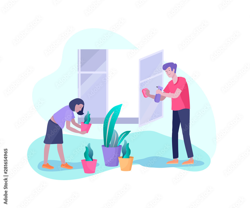 Scenes with family doing housework, couple man and woman home cleaning ...
