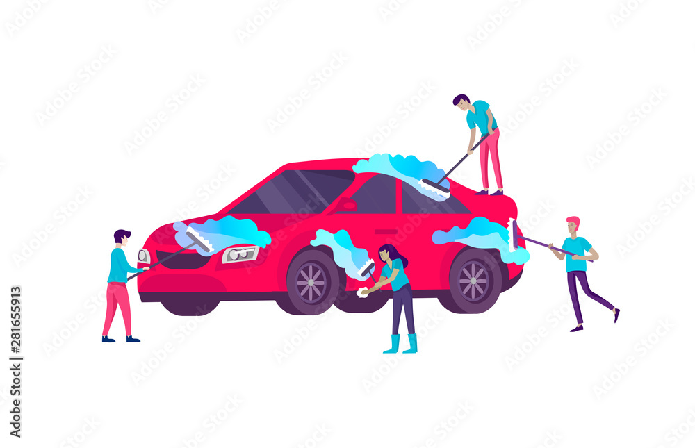 People cartoon characters cleaning vehicle with special equipment. Car ...