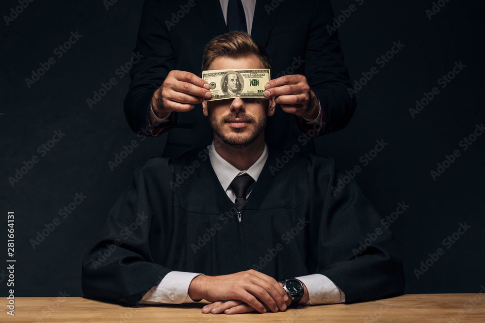 cropped view of man standing and covering face of judge with dollar ...