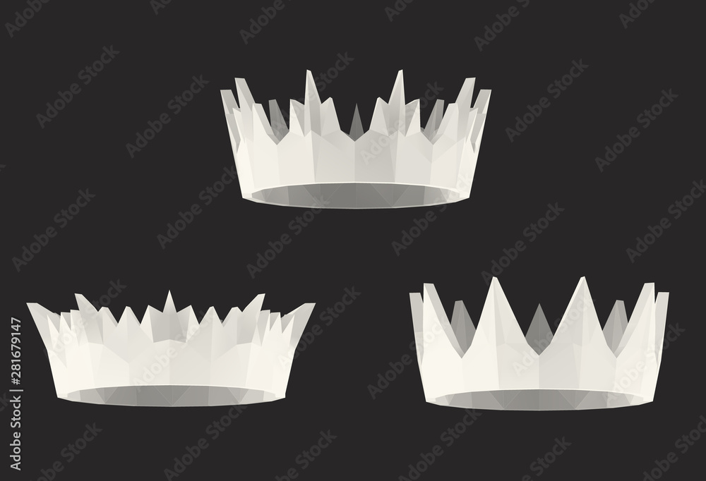 Light Crown. Set of Isolated White Crowns on Black Background. Low Poly ...