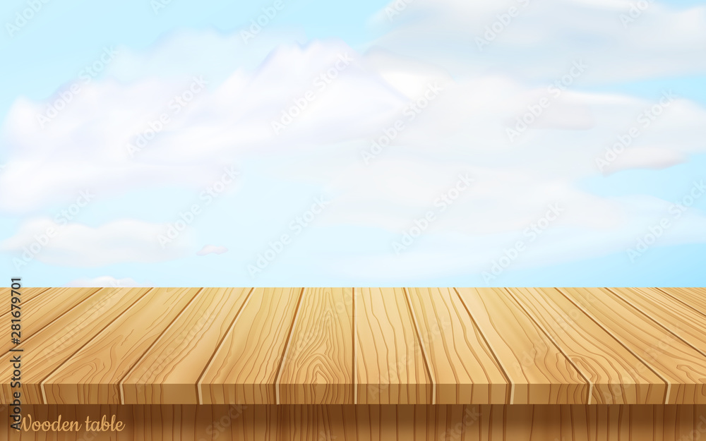 vector wood table top on nature background.blue sky with white clouds ...