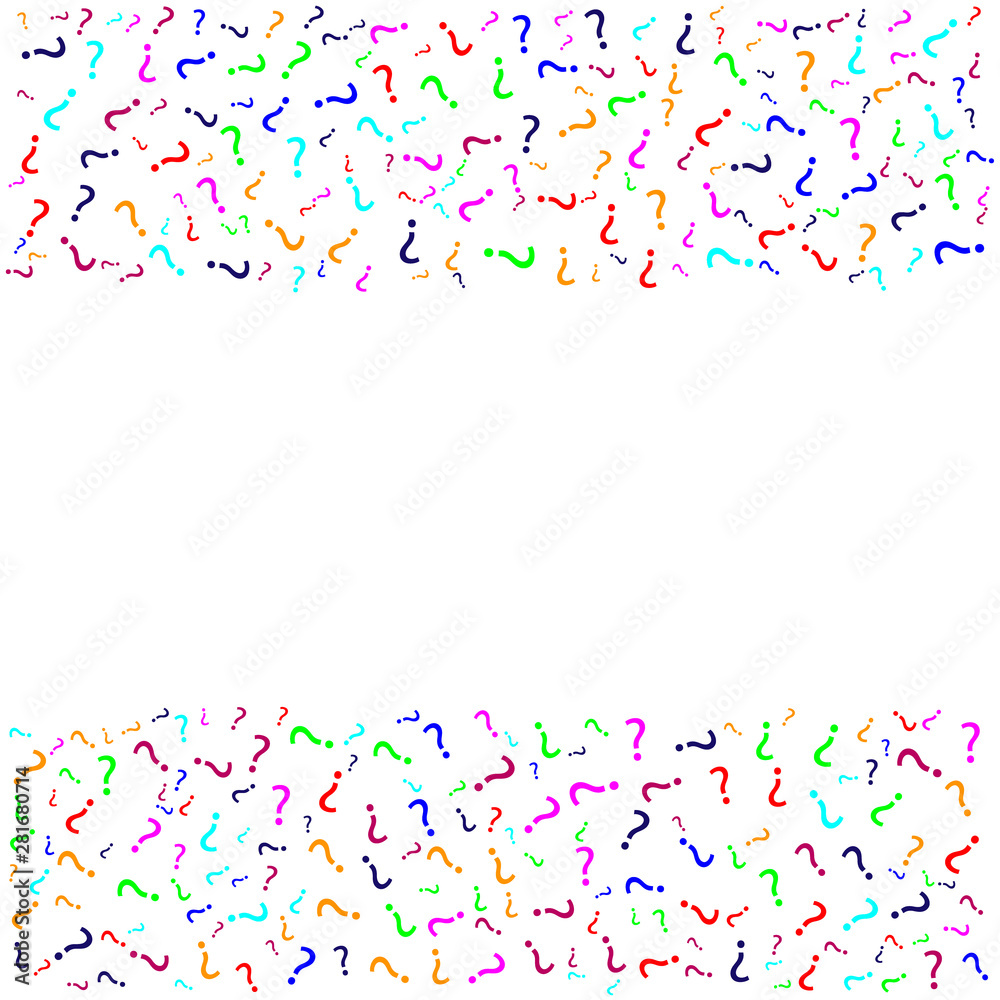 Question marks scattered on white background. Quiz, doubt, poll, survey ...