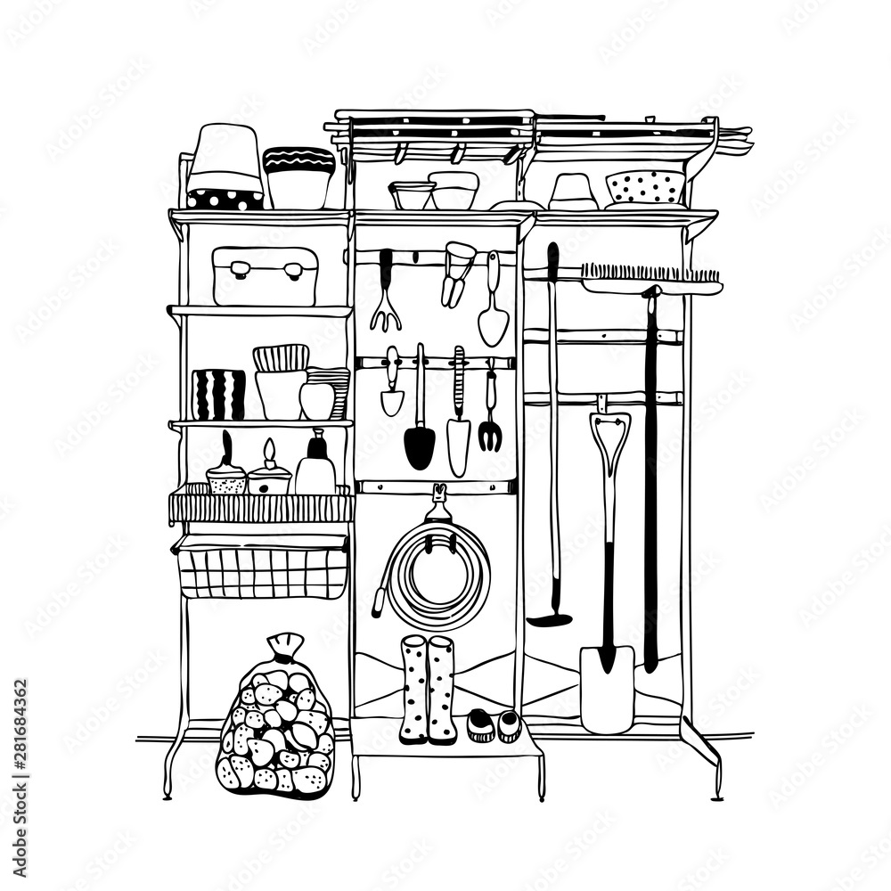 Outline drawing garden tools on a shelving in a barn, shovels, rakes ...