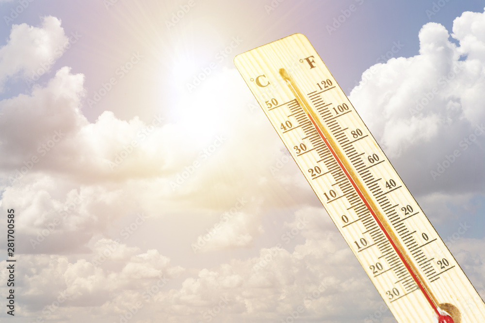 Thermometer in very hot day, high temperature or warm environment ...