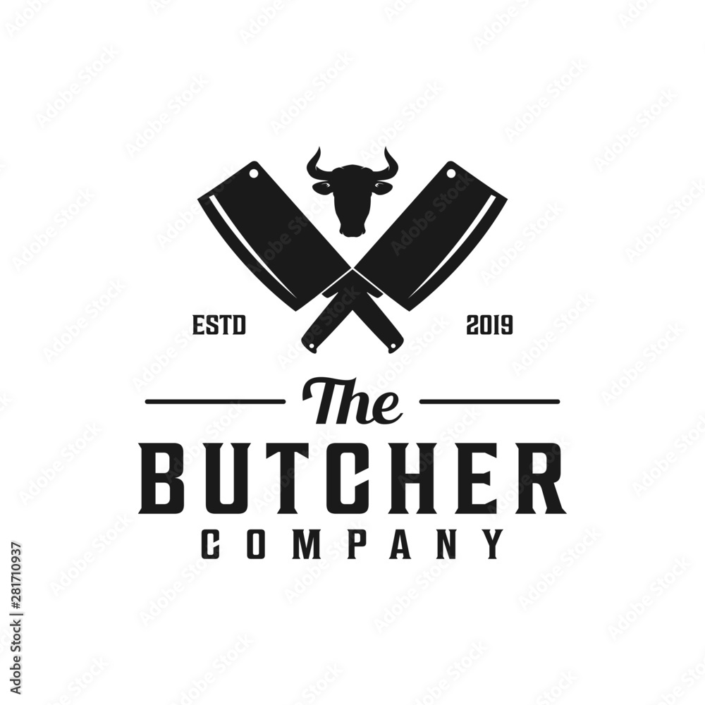 Butcher logo with cleaver and cow's head silhouette Stock Vector ...
