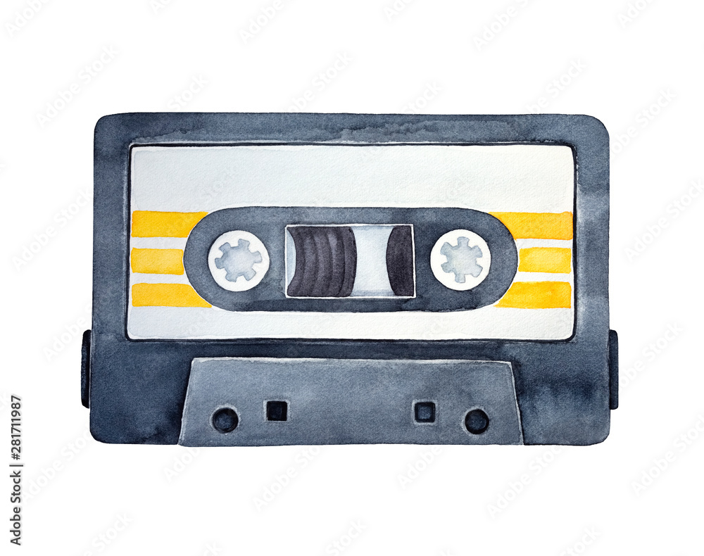 Watercolor illustration of audio cassette tape with bright orange ...