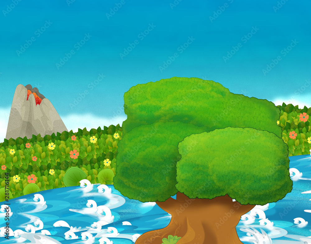 cartoon scene with stream or river near some jungle and active volcano ...