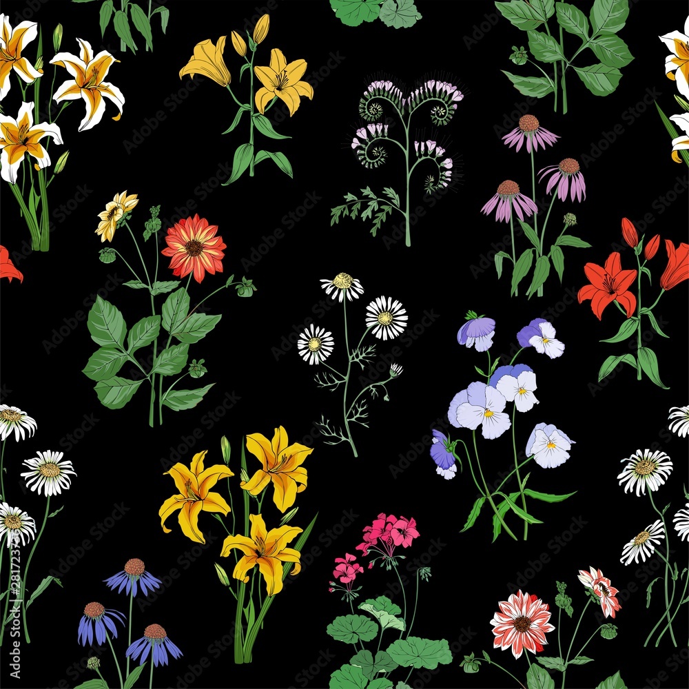 Floral bouquets on a black background. Seamless vector background for ...