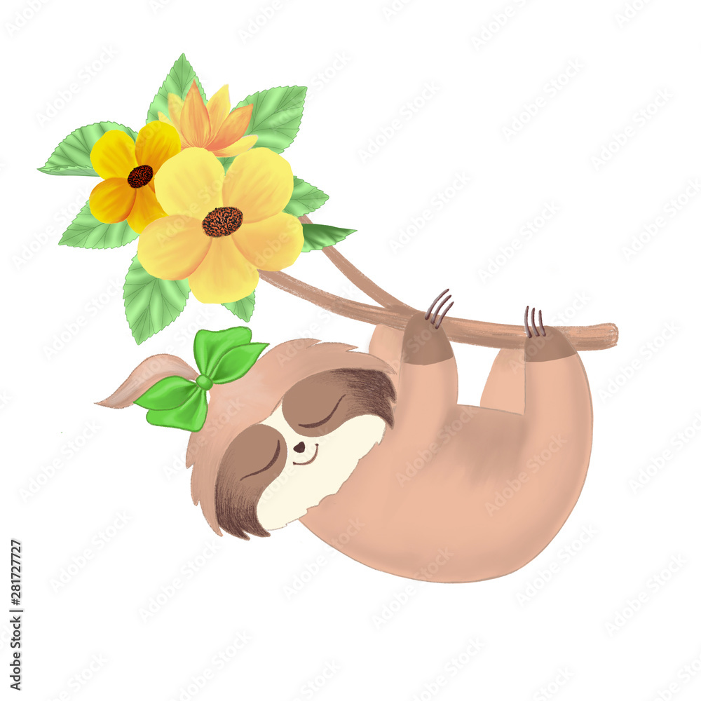Watercolor hand drawn cartoon girl baby sloth sleeping on the blossom ...