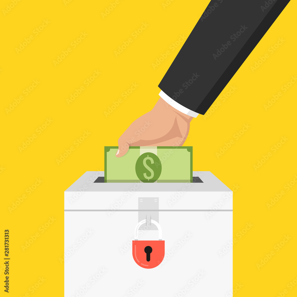 Hand putting money bill in to the donation box. Donation concept. Flat ...