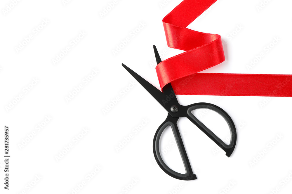 Red ribbon and scissors isolated on white background. Gift concept ...