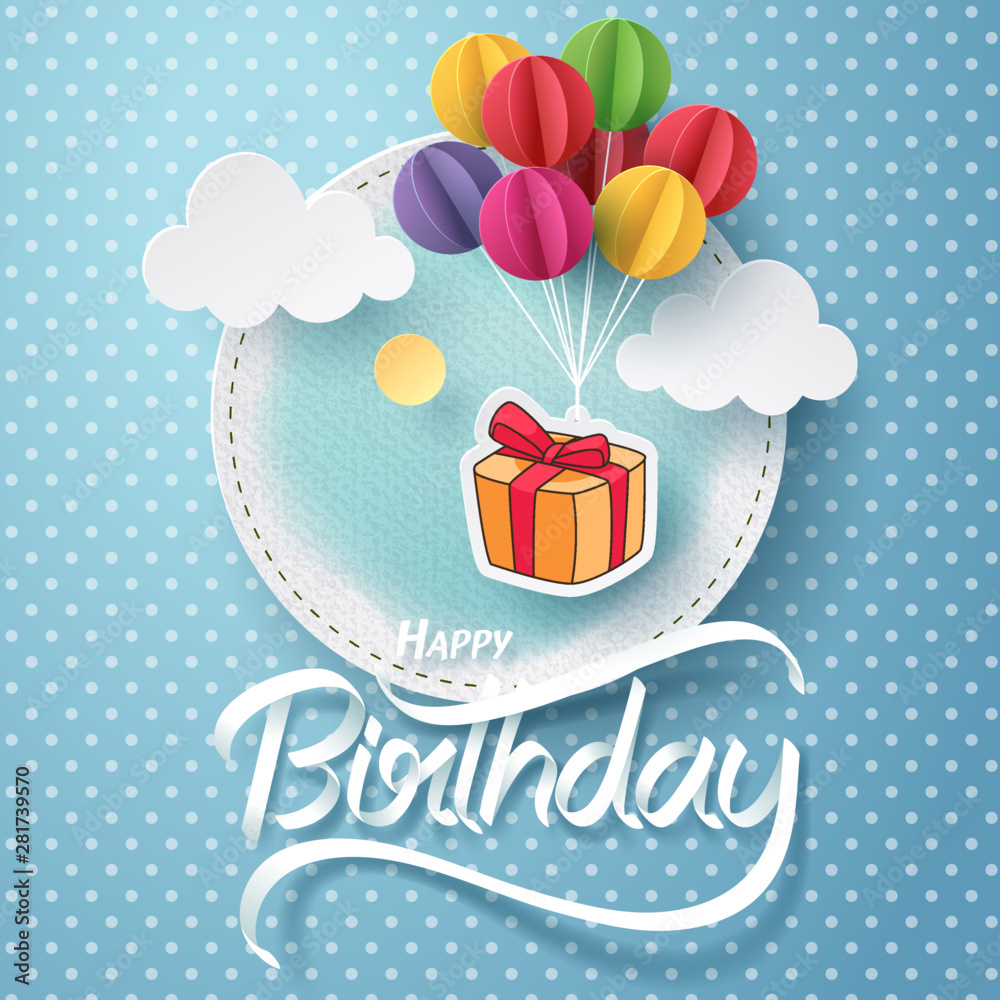 paper craft of gift box hang with balloon and happy birthday and ...