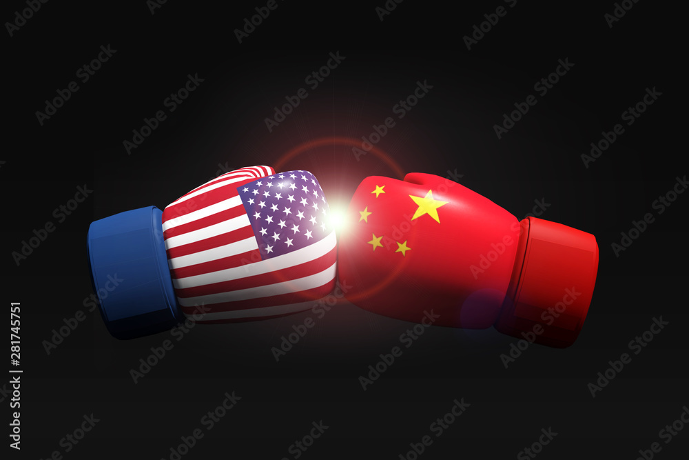 3D Rendering : illustration of fight of trade war USA and China. Boxing ...