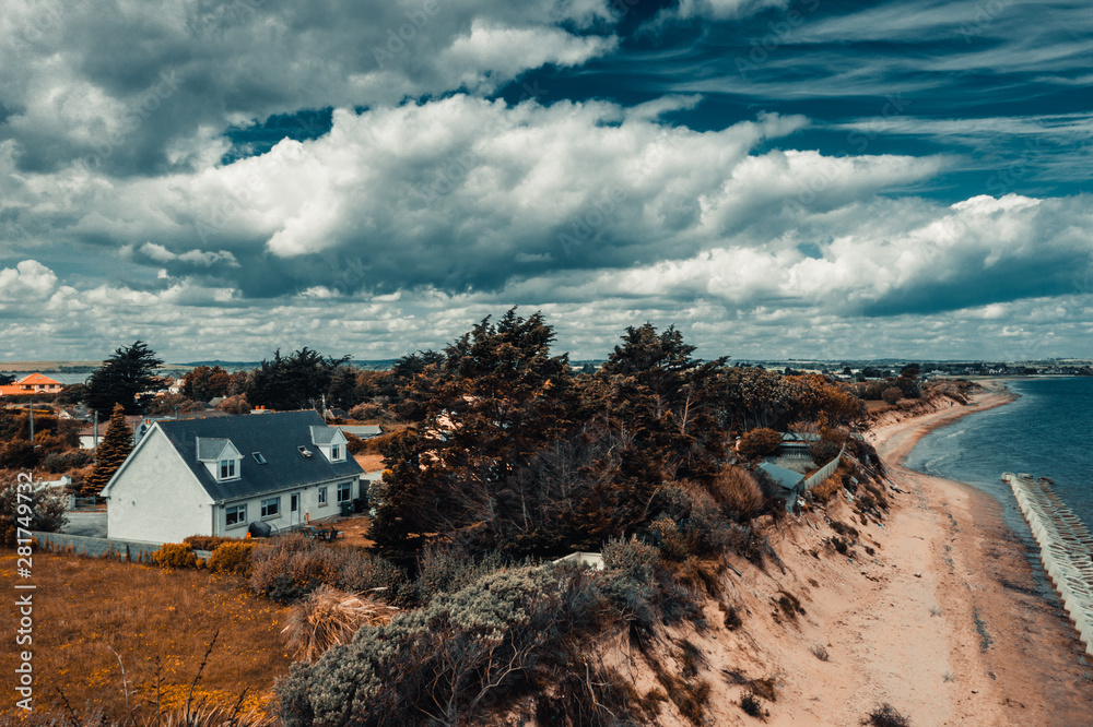 Poster Aerial view on a cloudy day over Donabate village in Dublin ...
