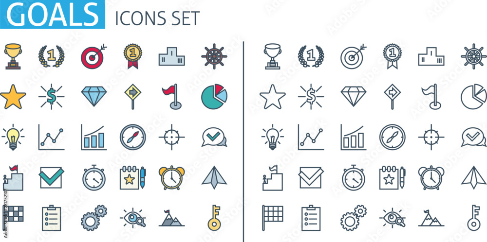 Goal icons set. For Business app, Solution strategy, Challenge, Trouble ...