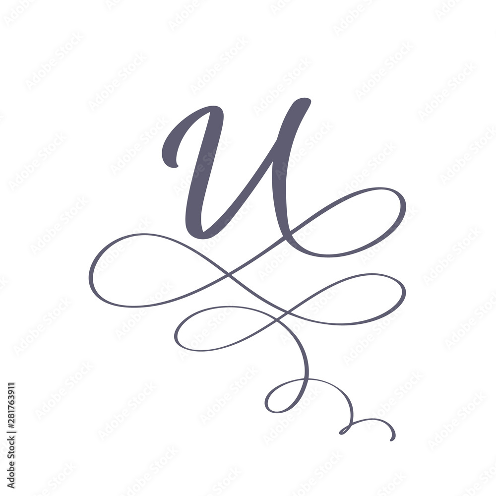 Vector Hand Drawn calligraphic floral U monogram or logo. Uppercase ...