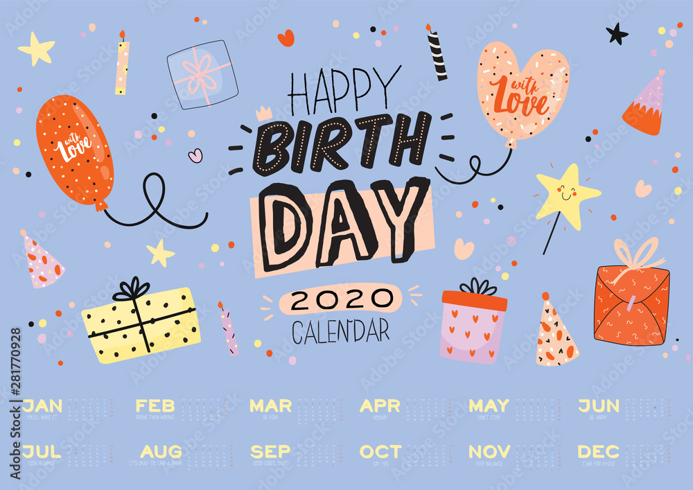 Happy Birthday wall calendar. 2020 Yearly Planner have all Months. Good ...