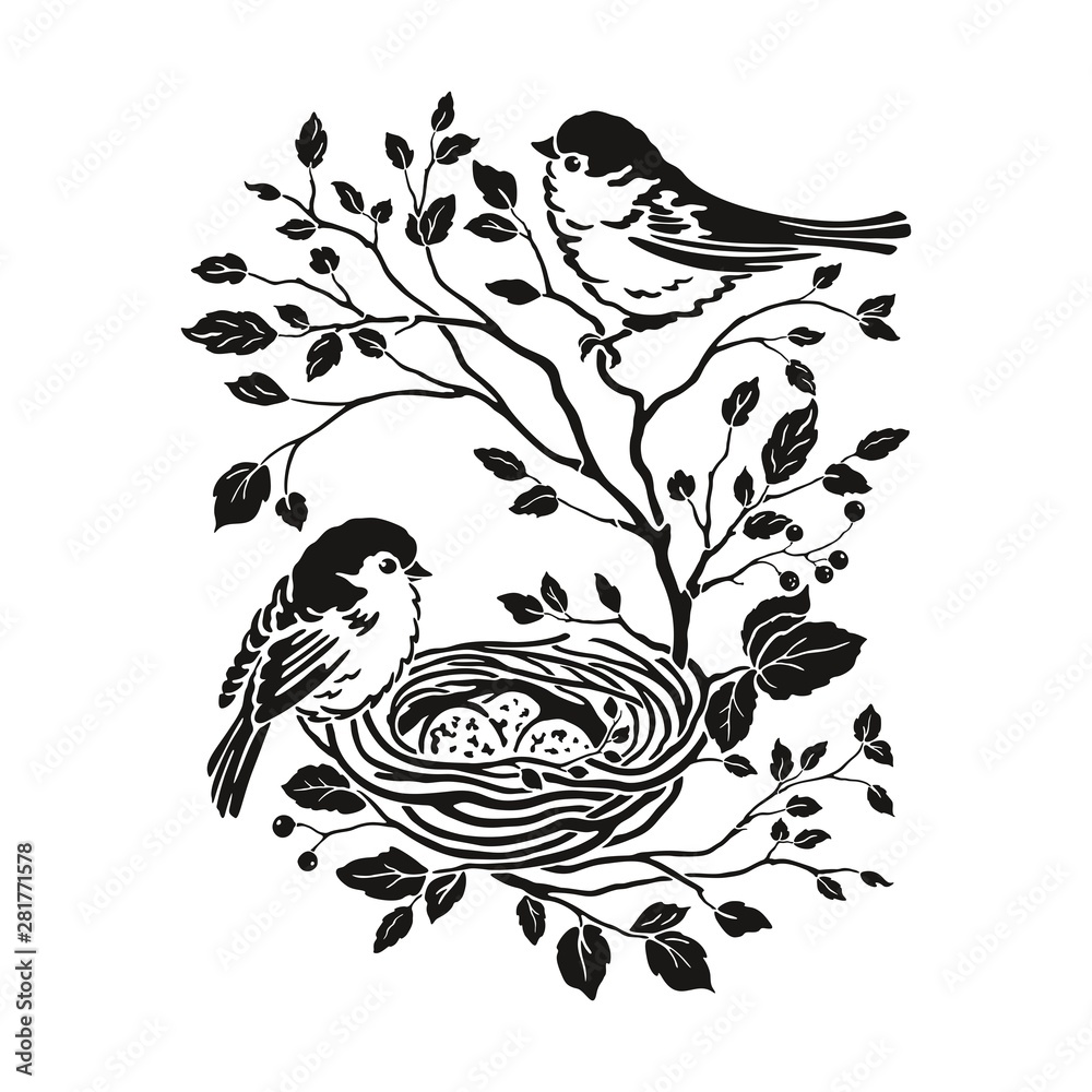 Floral decor with silhouettes family birds on branches tree with leaves ...