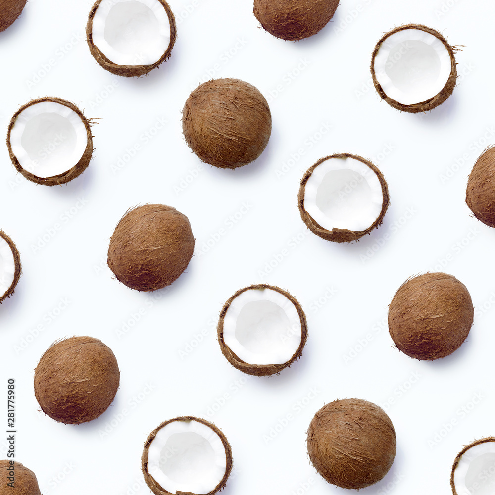 Coconut and its halves pattern. Coconut texture on a white background ...
