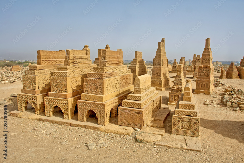 The Chaukhandi tombs - cemetery east of Karachi, in the Sindh province ...