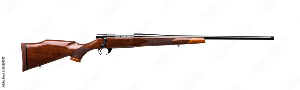 Modern luxury bolt-action carbine with a wooden varnished butt ...