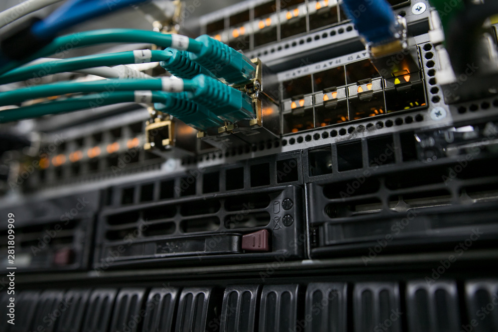 Fiber Optical connector interface. Fibre Channel swich. Severs computer ...