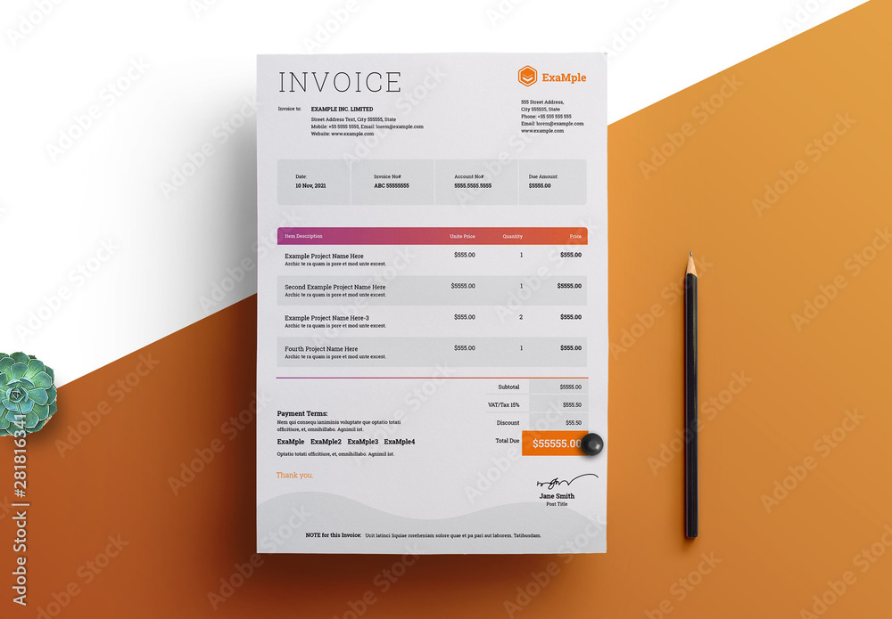 Invoice Layout with Pink to Orange Gradient Elements Stock Template ...