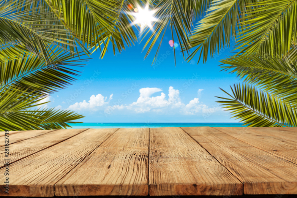 Table background with beautiful blue ocean view. Blue sunny sky in ...
