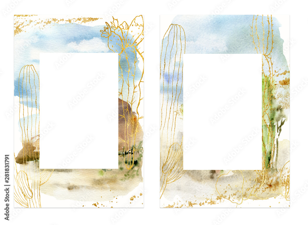 Watercolor desert cards with plants. Hand painted beautiful frame with ...