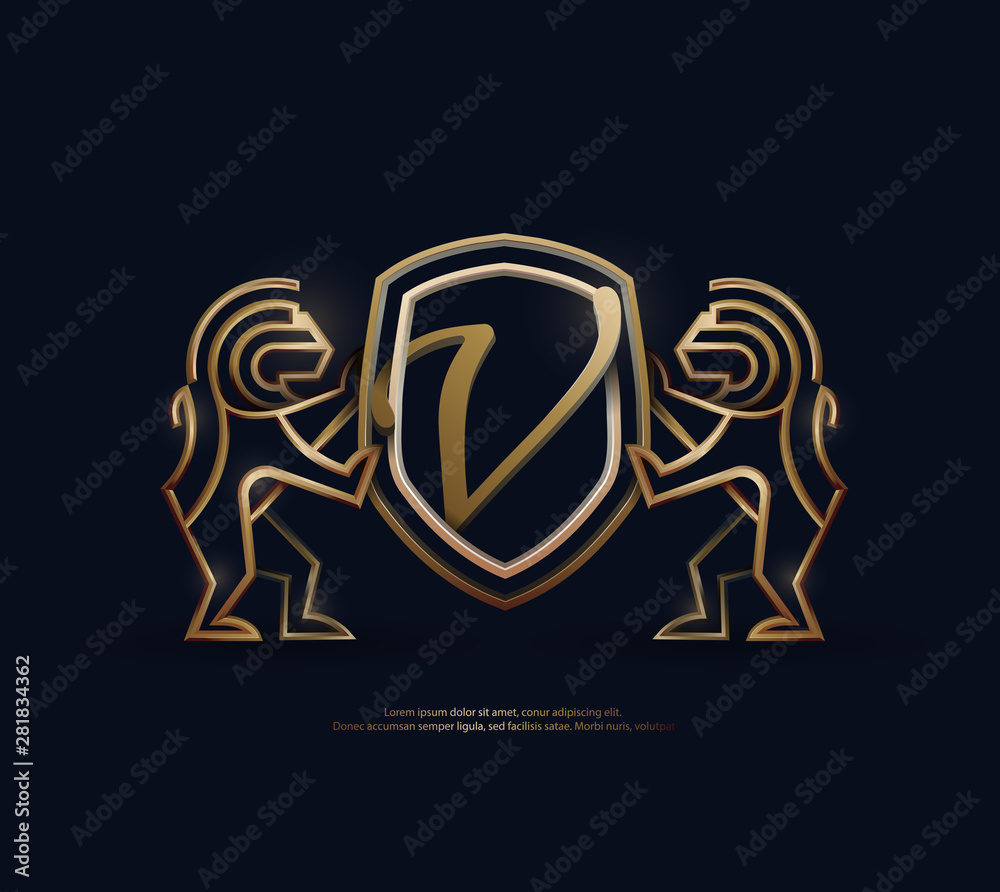 3d golden vintage V letter lion shield crest monoline logo template ...