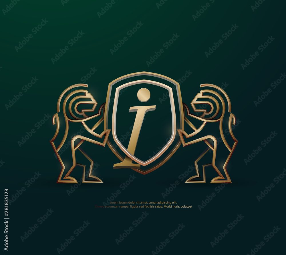 3d golden vintage I letter lion shield crest monoline logo template ...