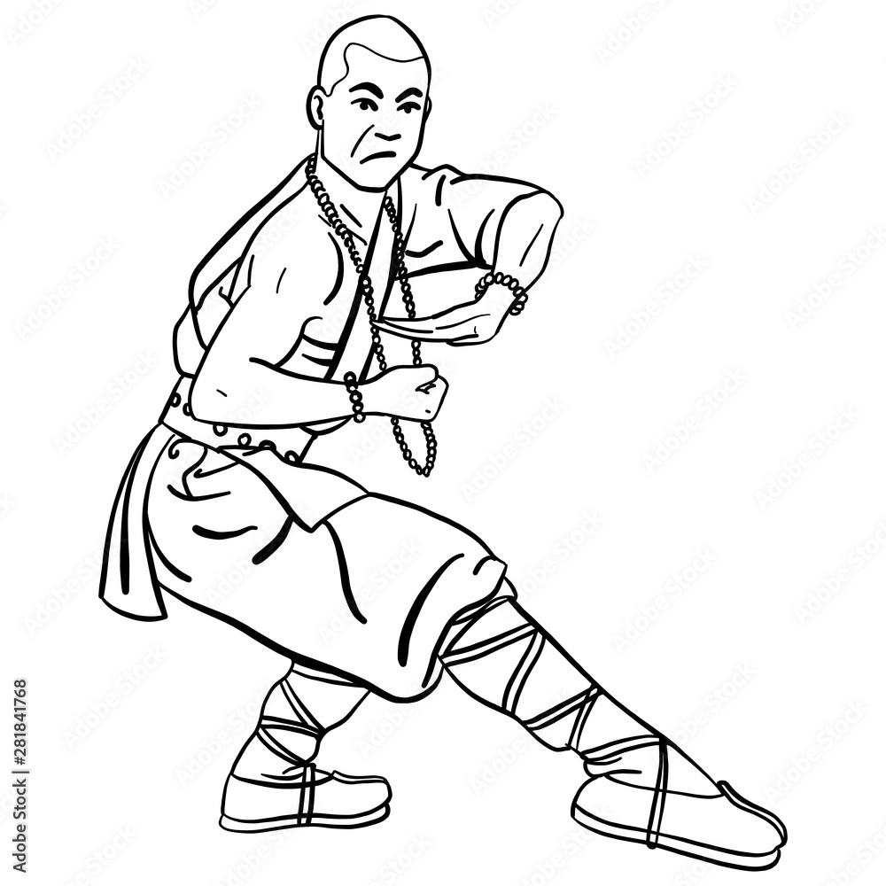 Hand drawn vector illustration of a comic shaolin monk in old ...