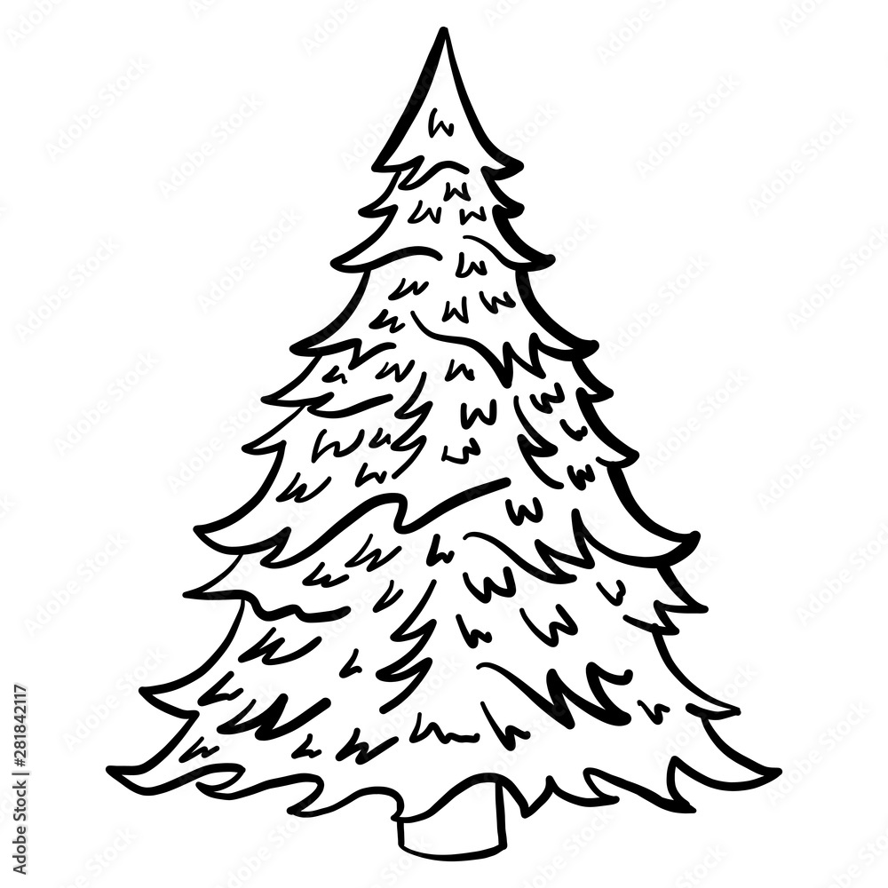Hand drawn vector illustration of a fir-tree. black, white, isolated ...