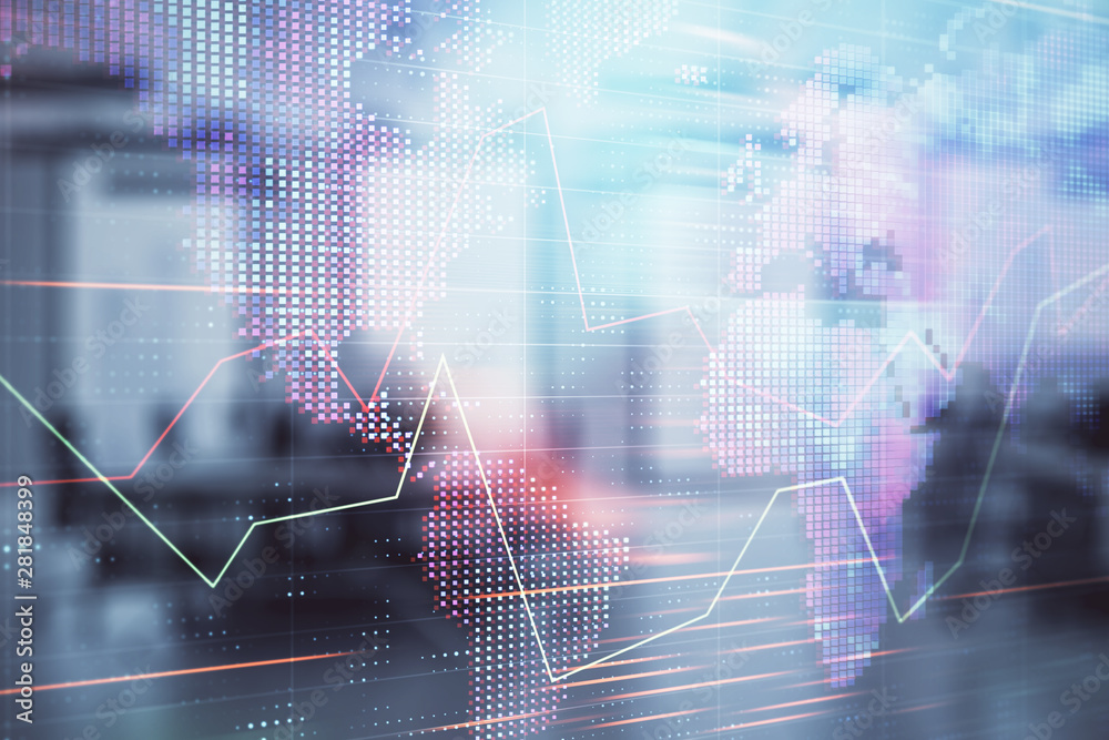 Stock and bond market graph and world map with trading desk bank office ...