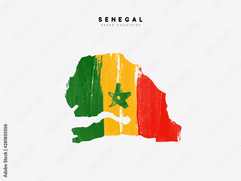 Senegal detailed map with flag of country. Painted in watercolor paint ...