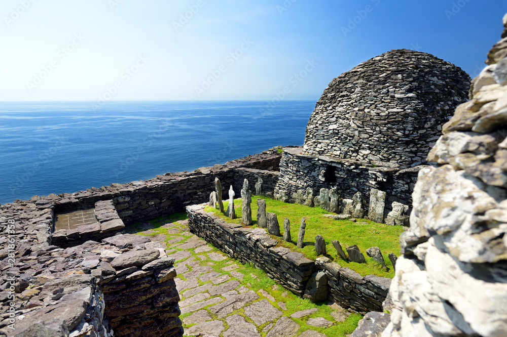 Skellig Michael or Great Skellig, home to the ruined remains of a ...