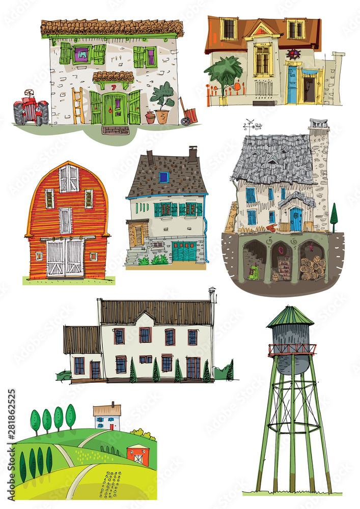 Set of different rural buildings. Typical village architecture. Cartoon ...
