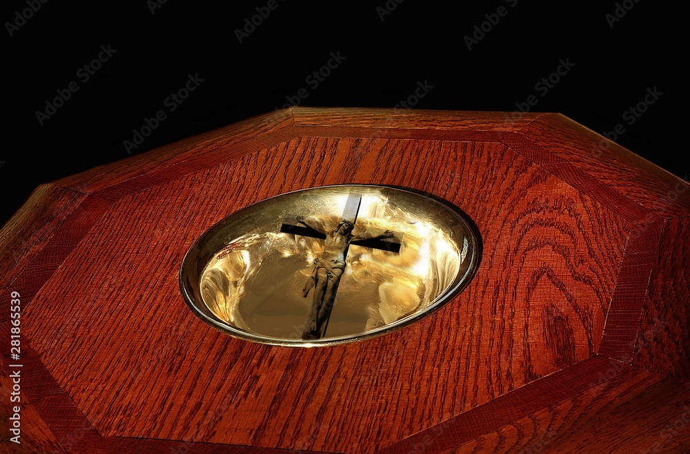 Top of traditional wood eight sided baptismal font with semi ...