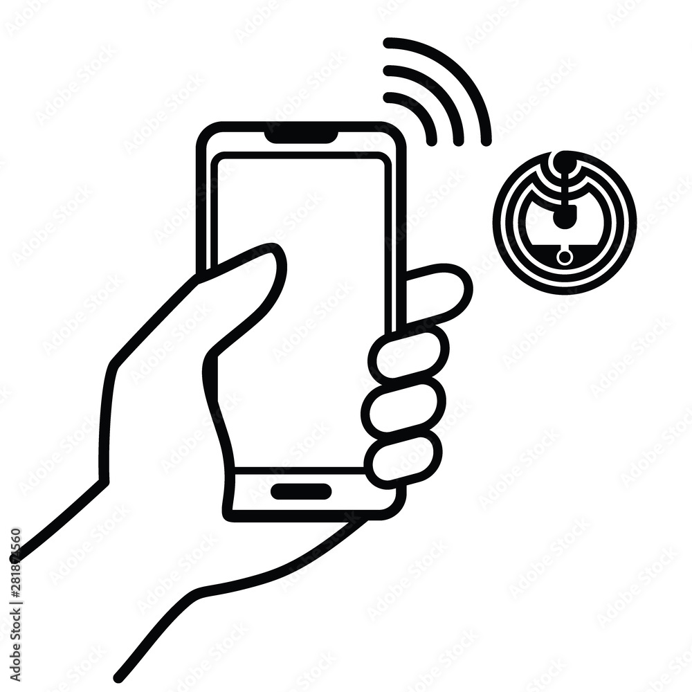 Hand outline with a mobile phone scanning NFC tag sticker Stock Vector ...
