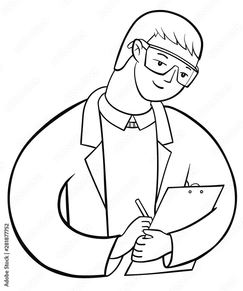 Male researcher holds a clipboard and make notes. Scientist in a white ...