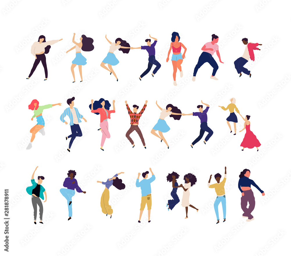 Crowd of young people dancing at club. Big set of characters having fun ...