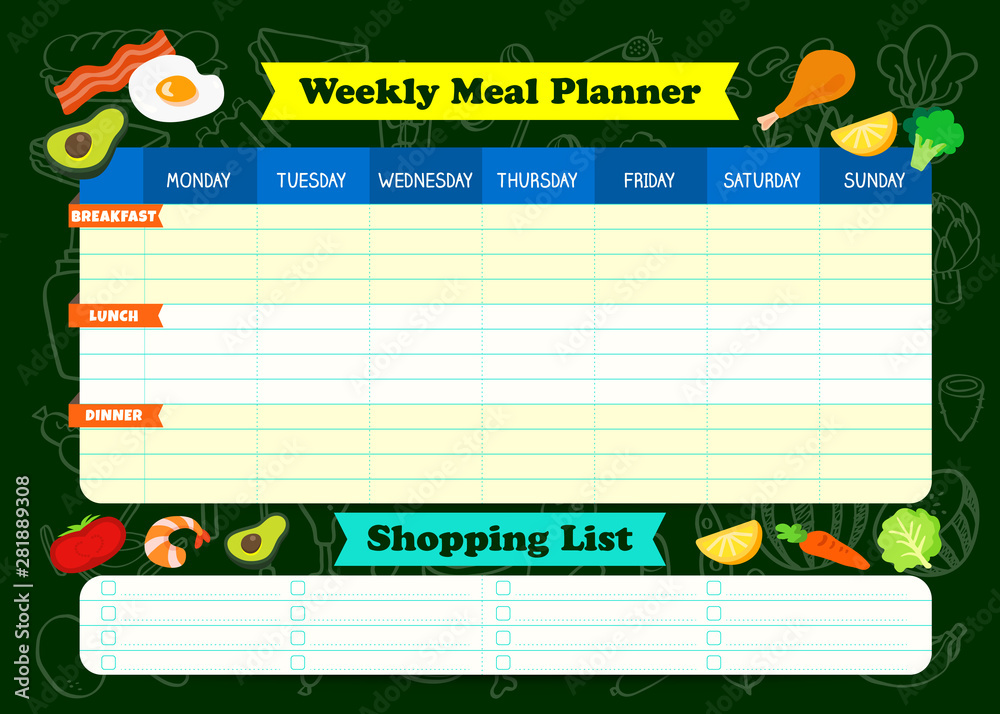 Weekly meal planner with foods illustration. A meal timetable for kids ...