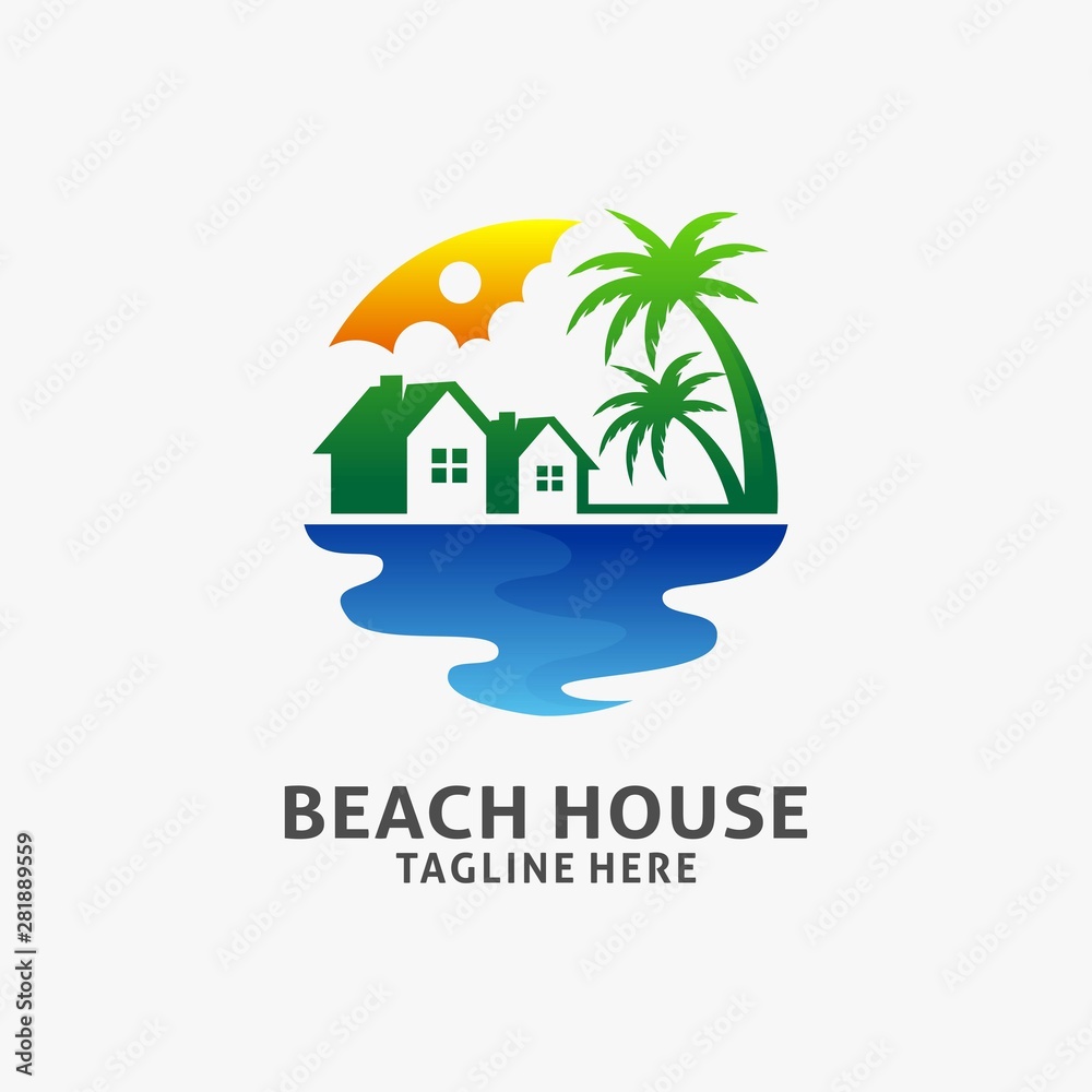 Beach house logo design in circle concept Stock Vector | Adobe Stock