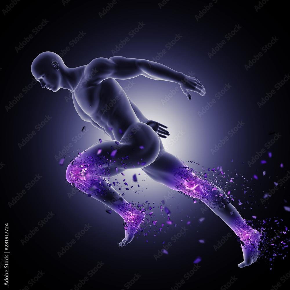 3D male figure in sprinting pose with leg joints highlighted and ...