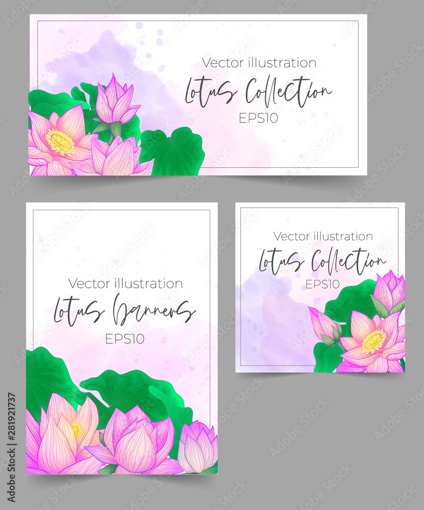 Vector Banner template with lotus flowers, blossom botton and leaves ...