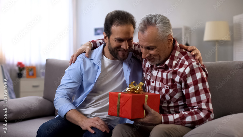 Son and father embracing, male holding gift box, receiving greetings ...